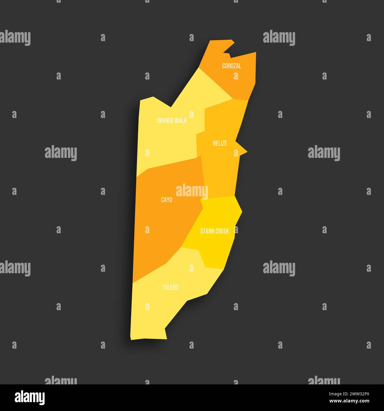 Belize political map of administrative divisions - districts. Yellow ...