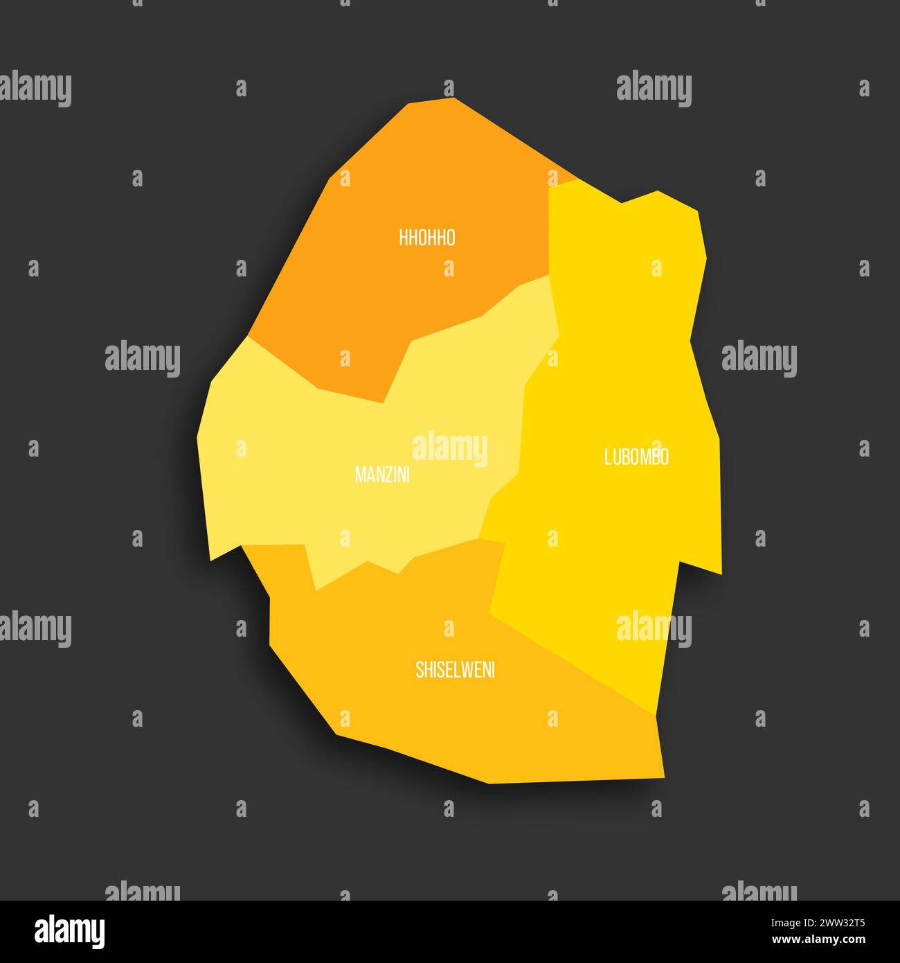 Eswatini political map of administrative divisions - regions. Yellow ...