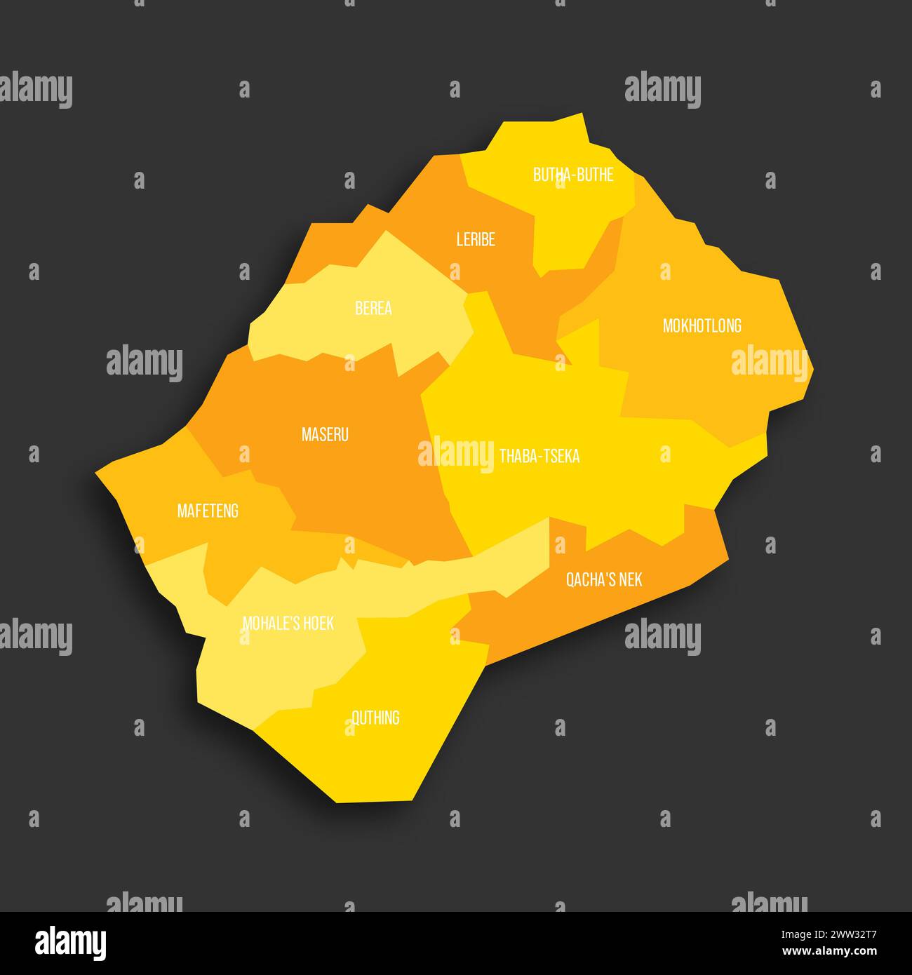 Lesotho political map of administrative divisions - districts. Yellow ...