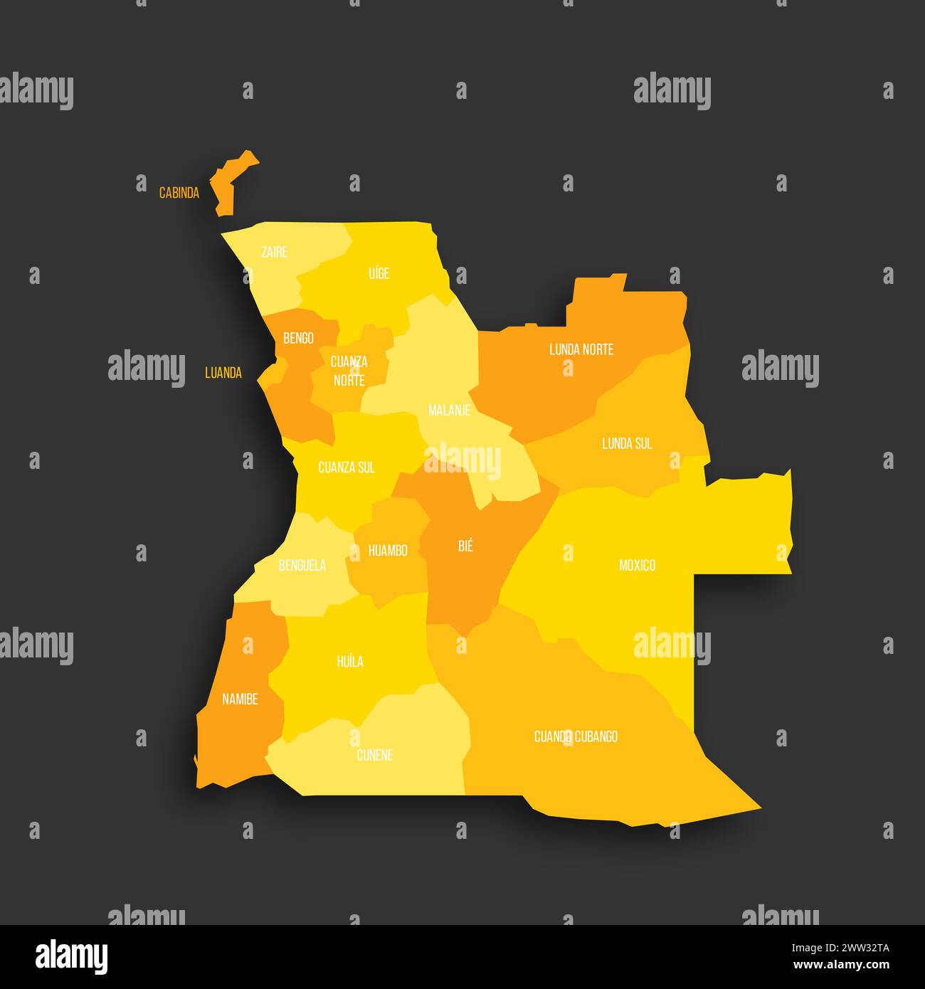 Angola political map of administrative divisions - provinces. Yellow shade flat vector map with ...