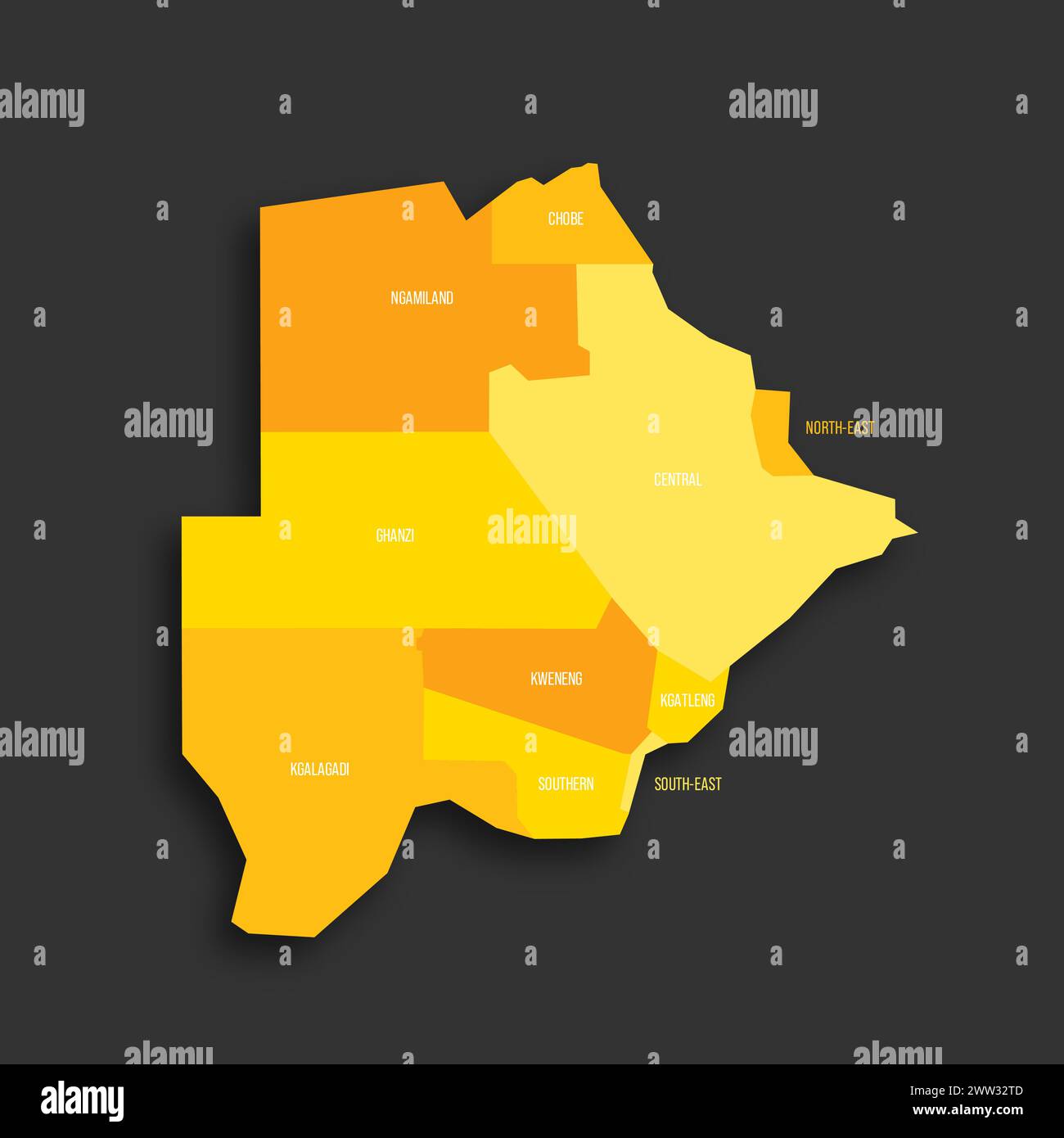 Botswana political map of administrative divisions - rural and urban ...