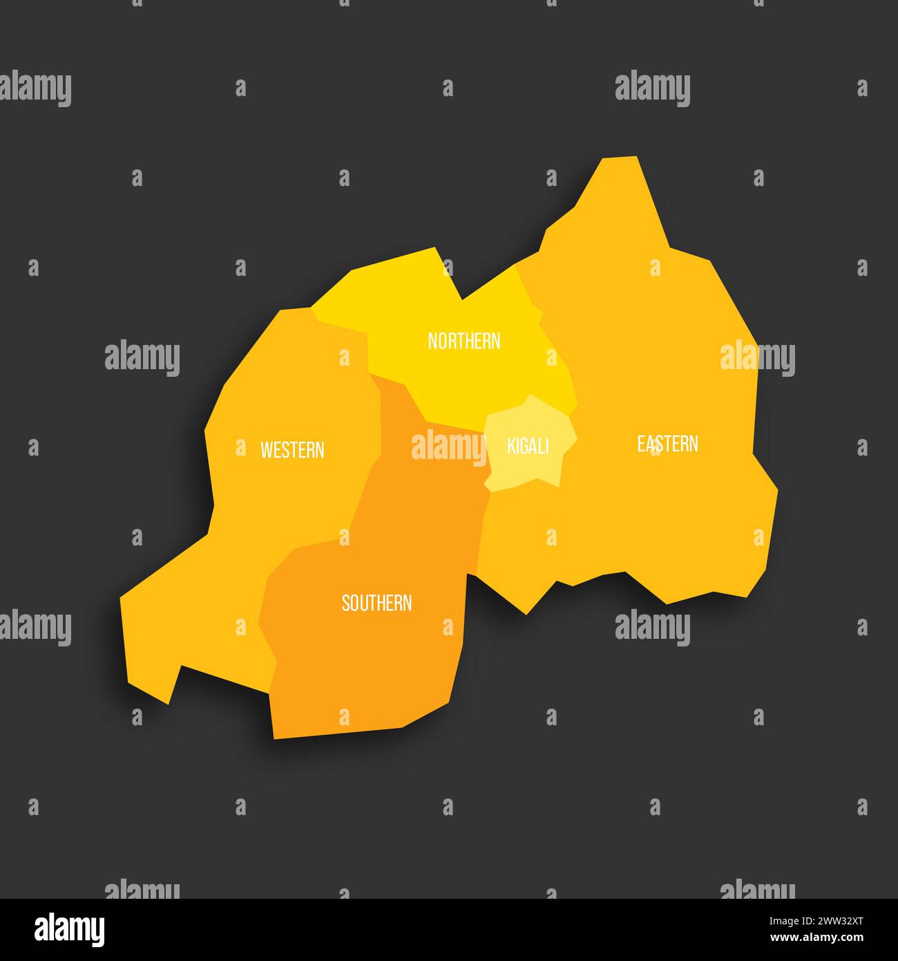 Rwanda political map of administrative divisions - provinces. Yellow ...