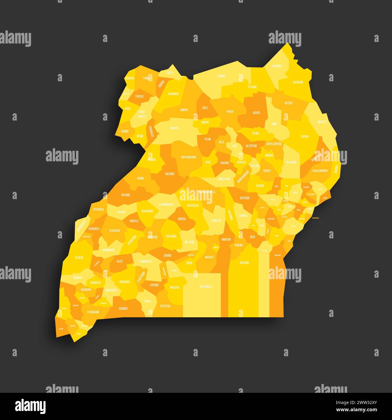 Uganda political map of administrative divisions - districts. Yellow ...