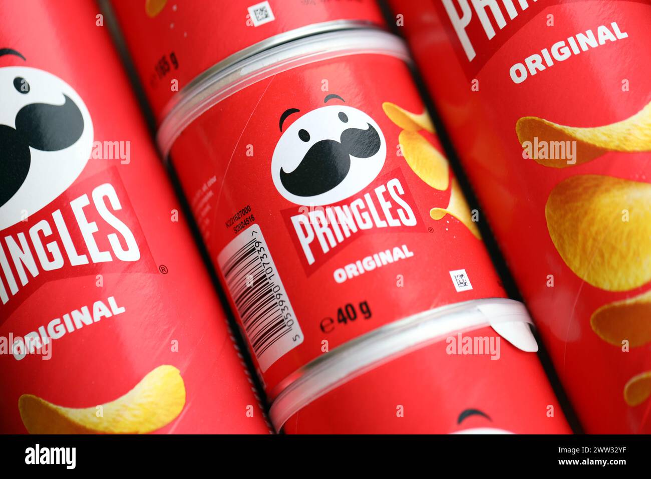 KYIV, UKRAINE - FEBRUARY 27, 2024 Pringles original potato chips on ...