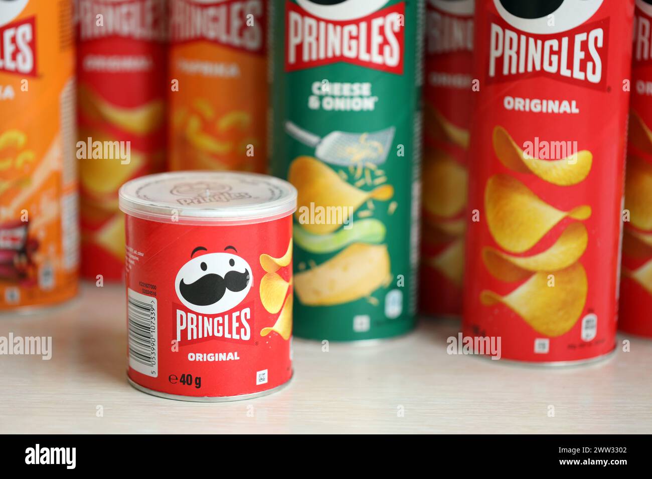 KYIV, UKRAINE - FEBRUARY 27, 2024 Pringles original potato chips on ...