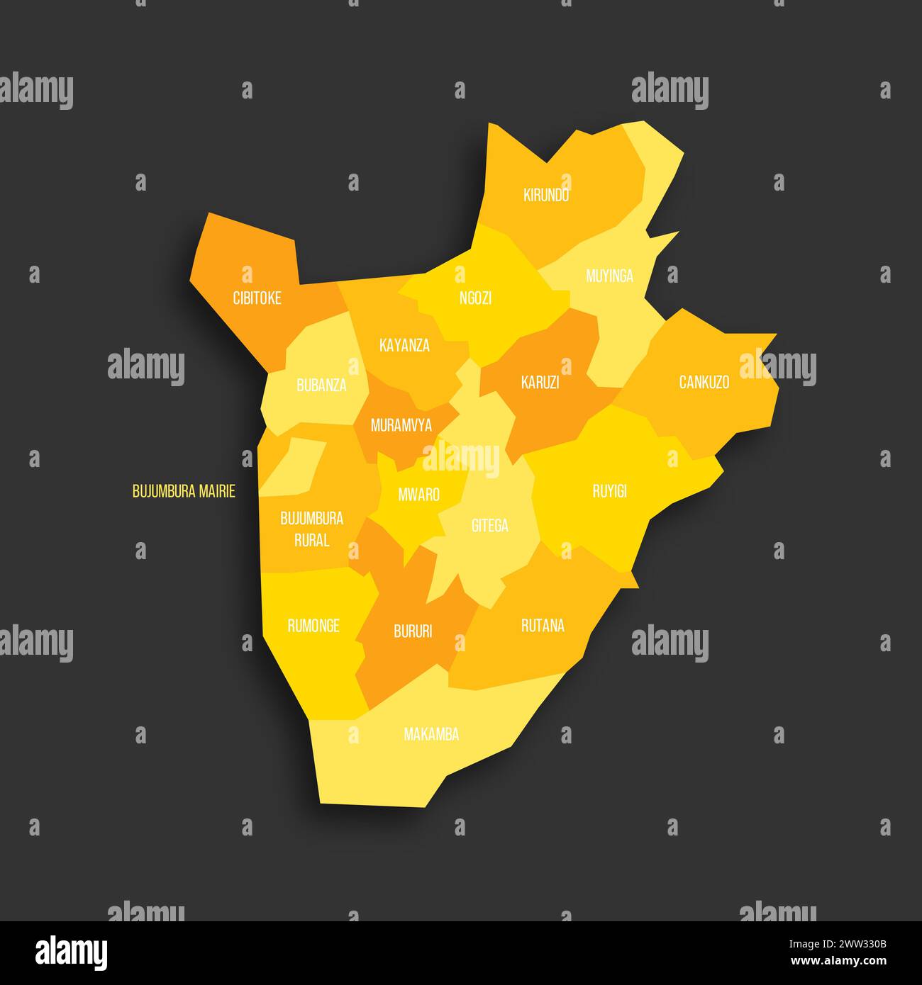 Burundi political map of administrative divisions - provinces. Yellow ...