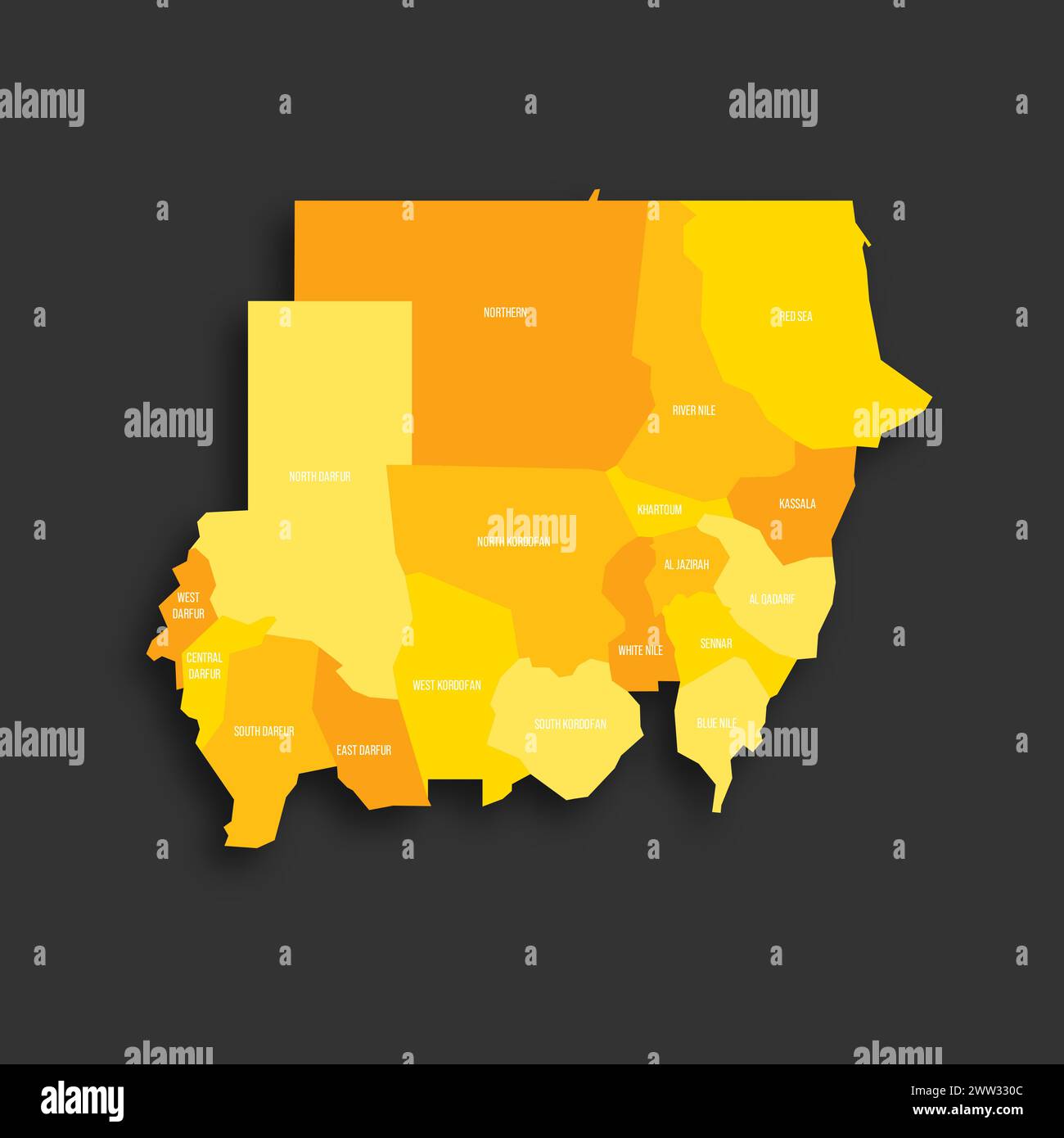 Sudan political map of administrative divisions - states. Yellow shade ...