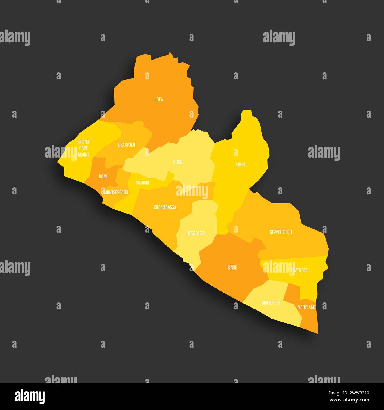 Liberia political map of administrative divisions - counties. Yellow ...
