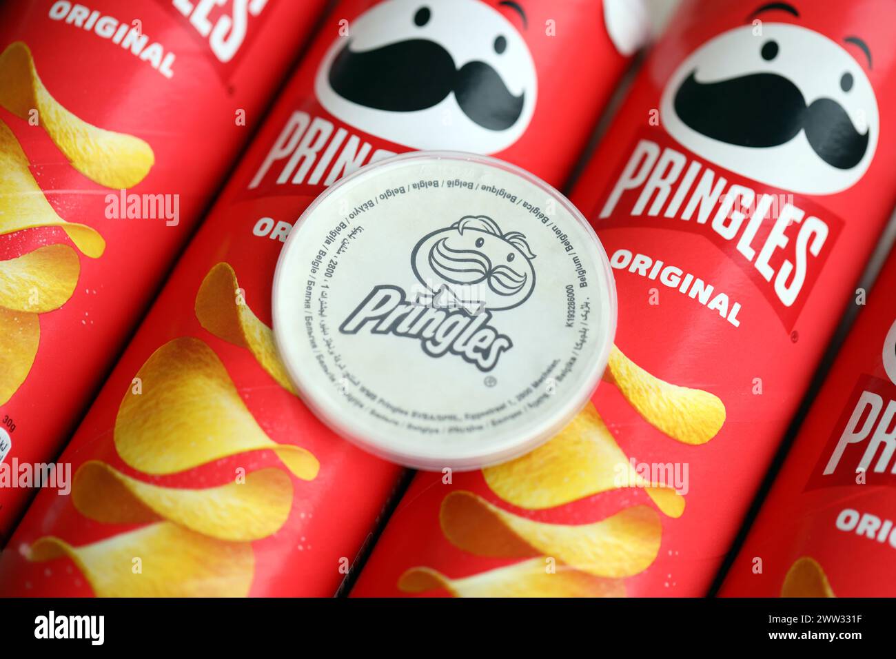 KYIV, UKRAINE - FEBRUARY 27, 2024 Pringles original potato chips on ...