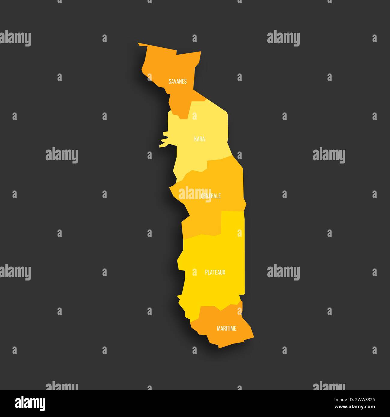 Togo political map of administrative divisions - regions. Yellow shade ...