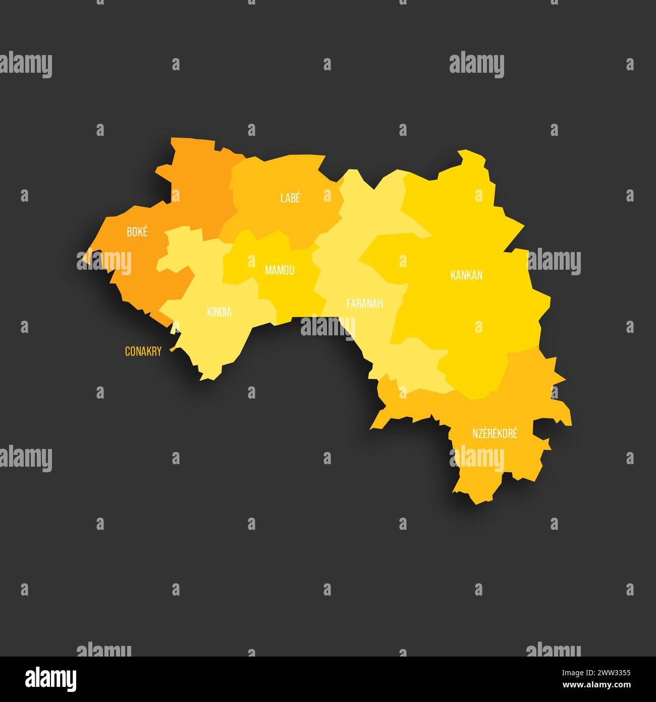 Guinea political map of administrative divisions - regions. Yellow ...