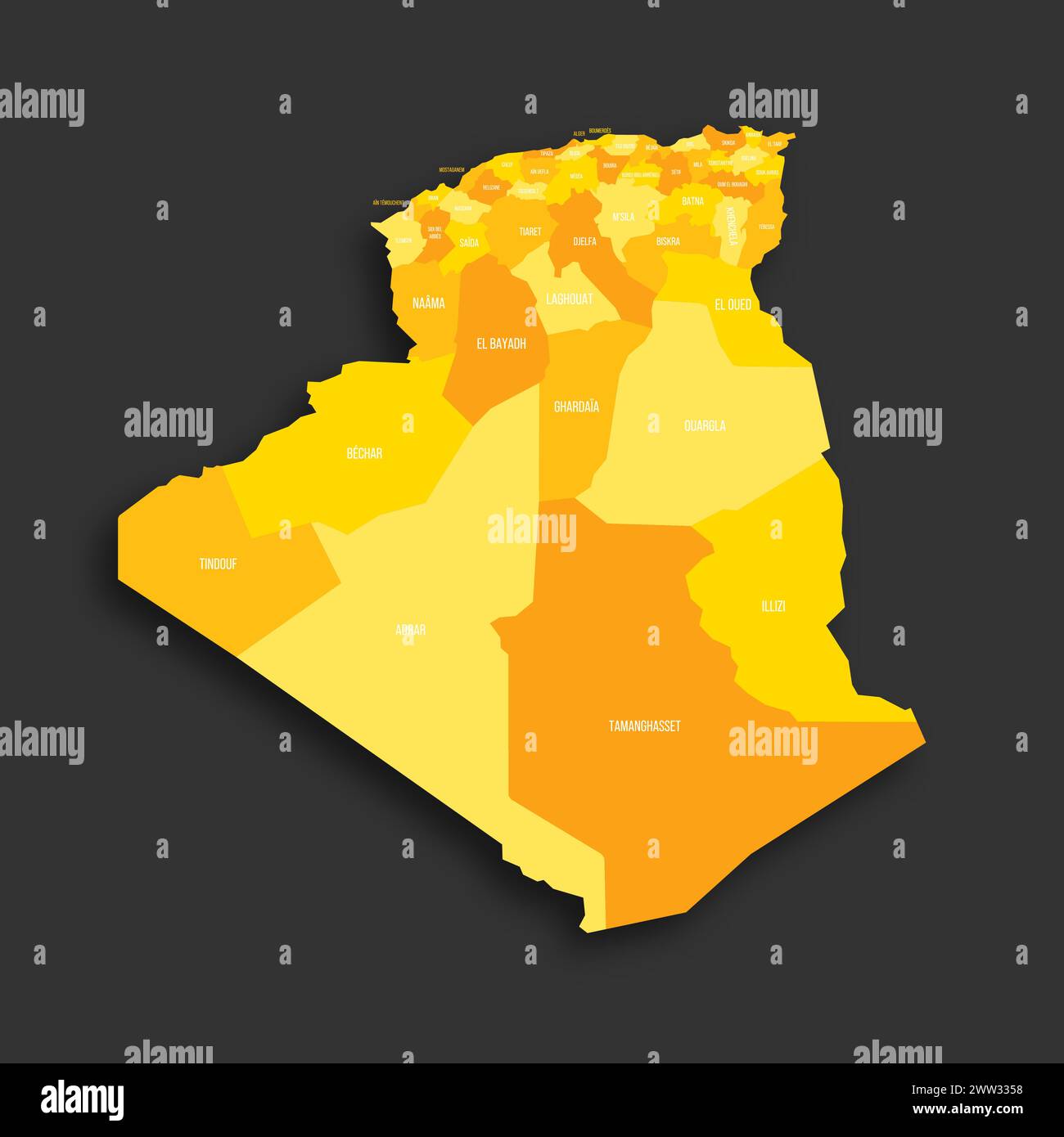 Algeria political map of administrative divisions - provinces. Yellow ...