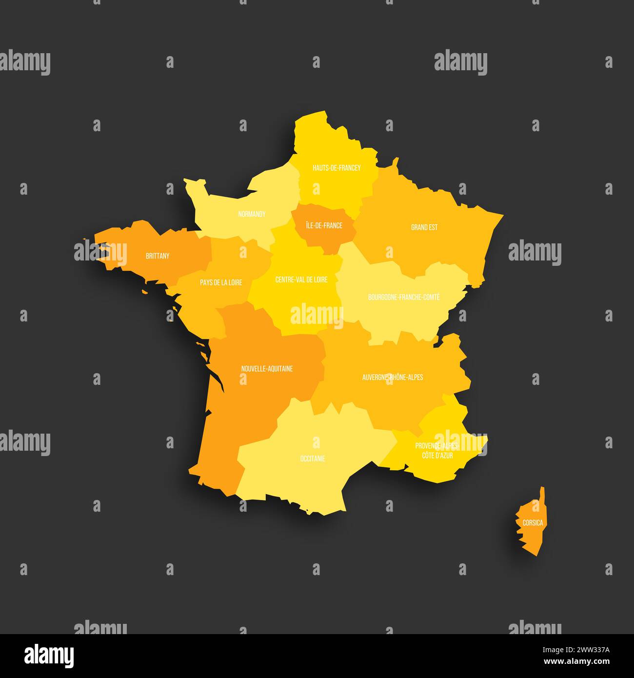 France political map of administrative divisions - regions. Yellow ...
