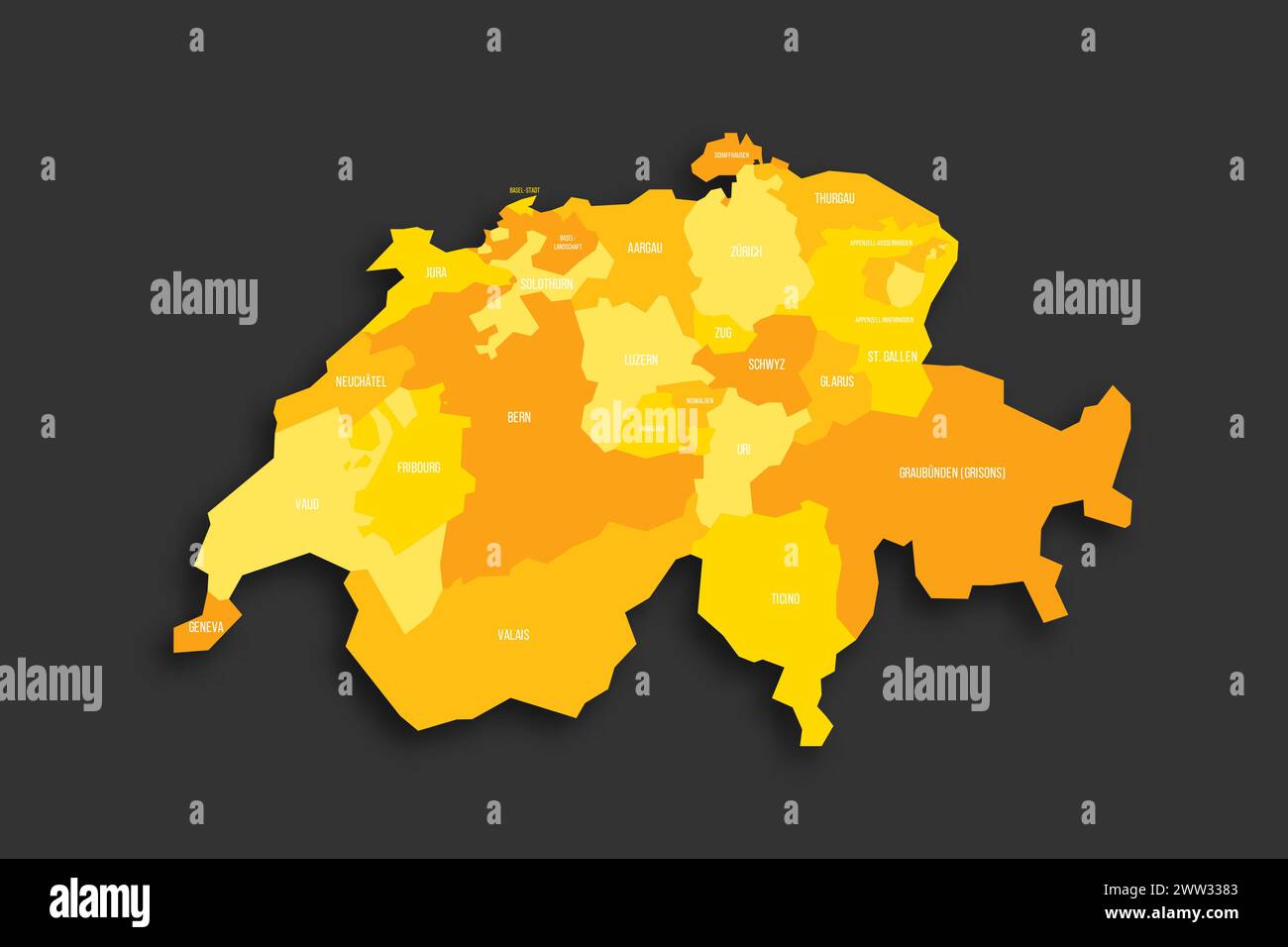 Switzerland political map of administrative divisions - cantons. Yellow ...