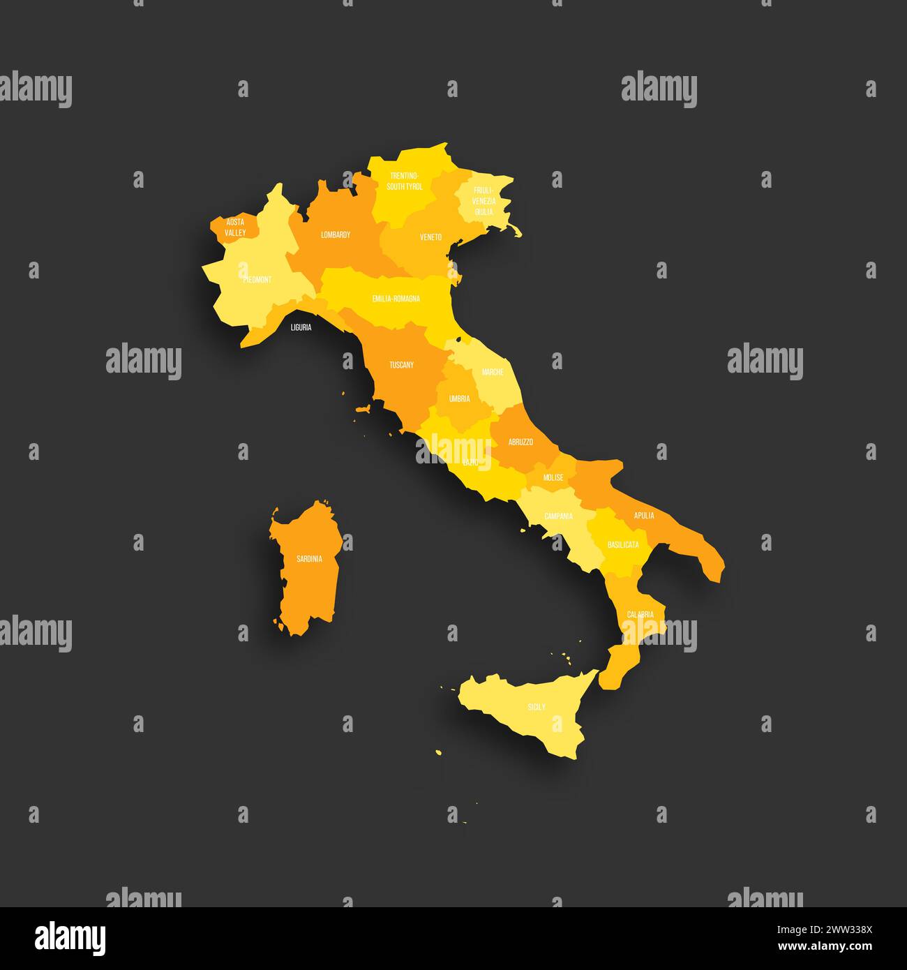 Italy political map of administrative divisions - regions. Yellow shade ...