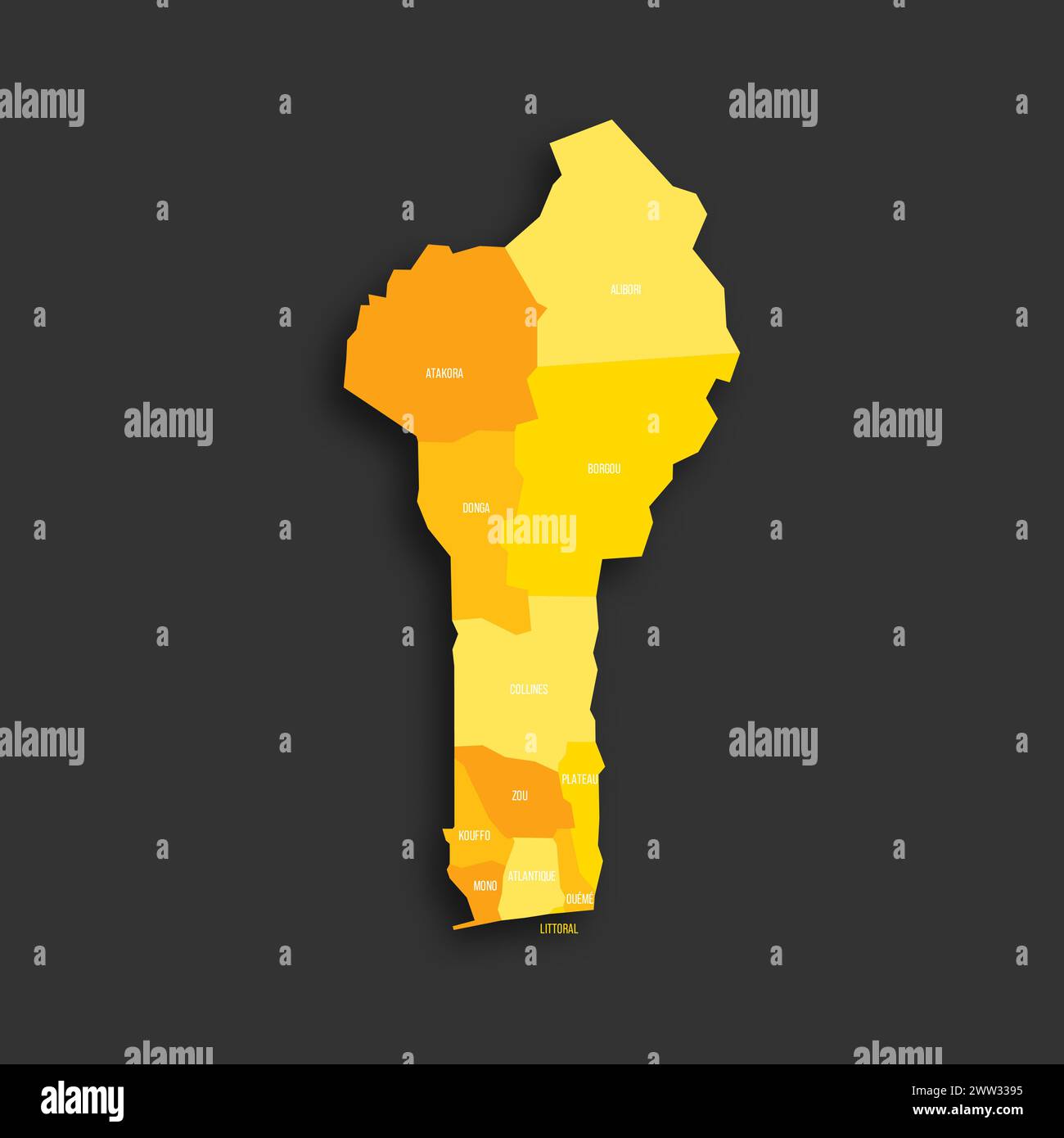 Benin political map of administrative divisions - departments. Yellow ...
