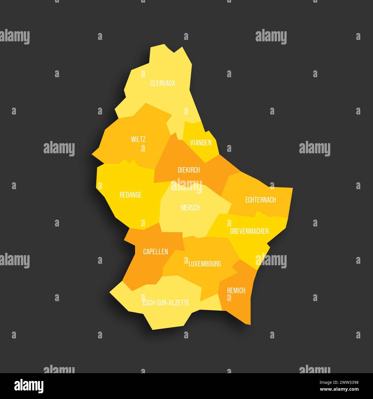 Luxembourg political map of administrative divisions - cantons. Yellow ...