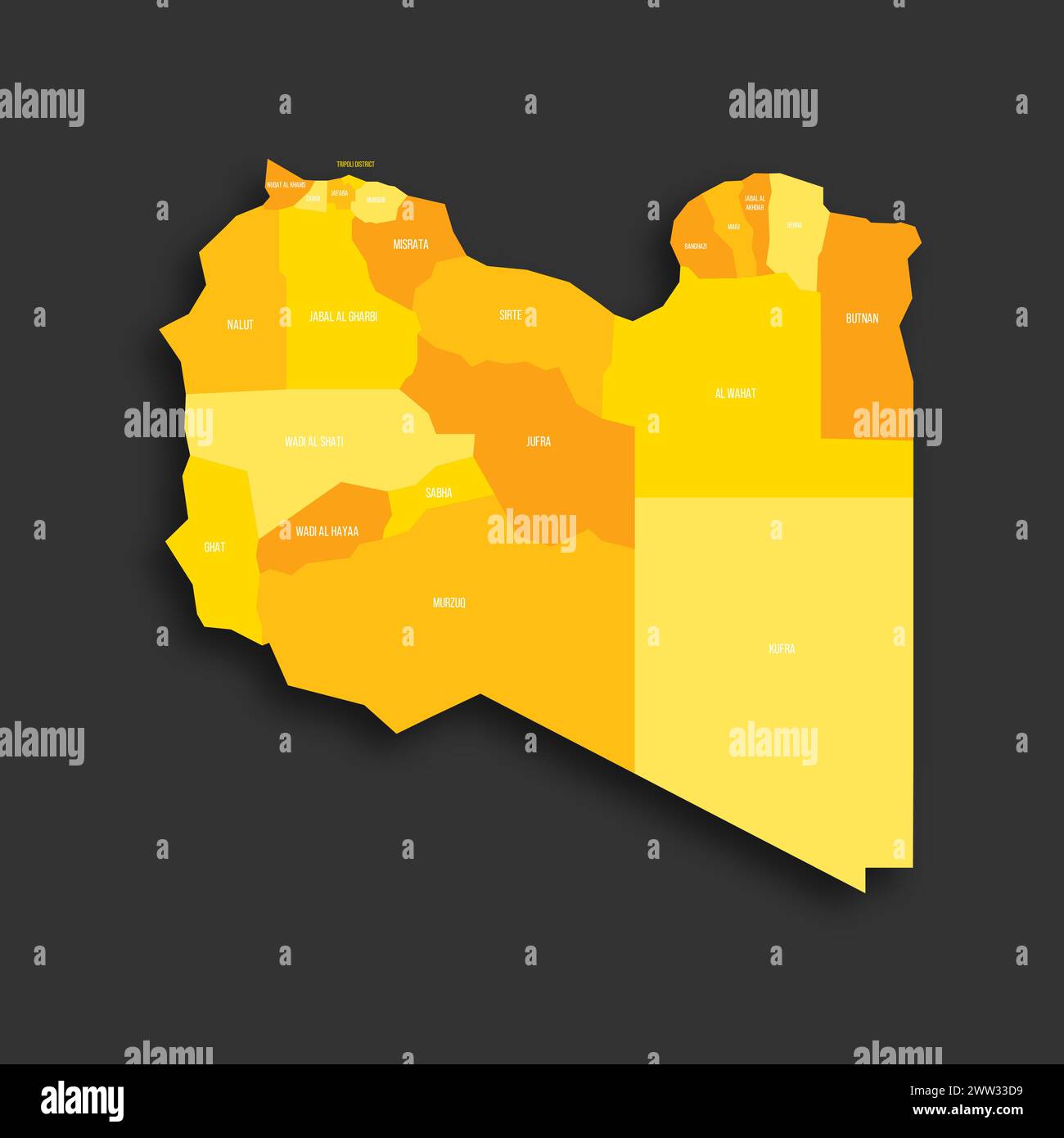 Libya political map of administrative divisions - districts. Yellow ...