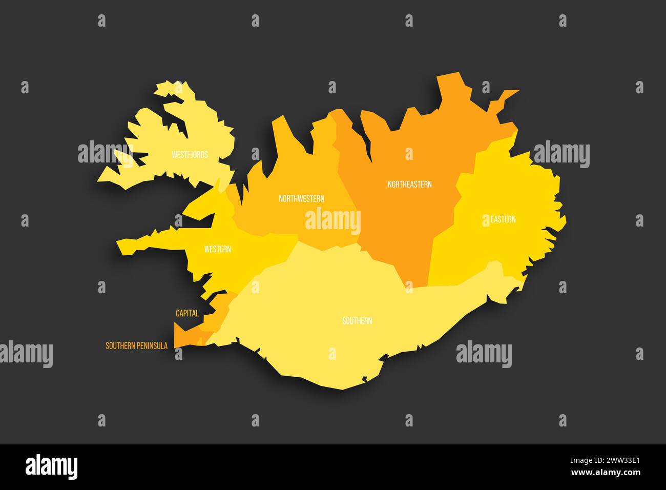Iceland political map of administrative divisions - regions. Yellow ...