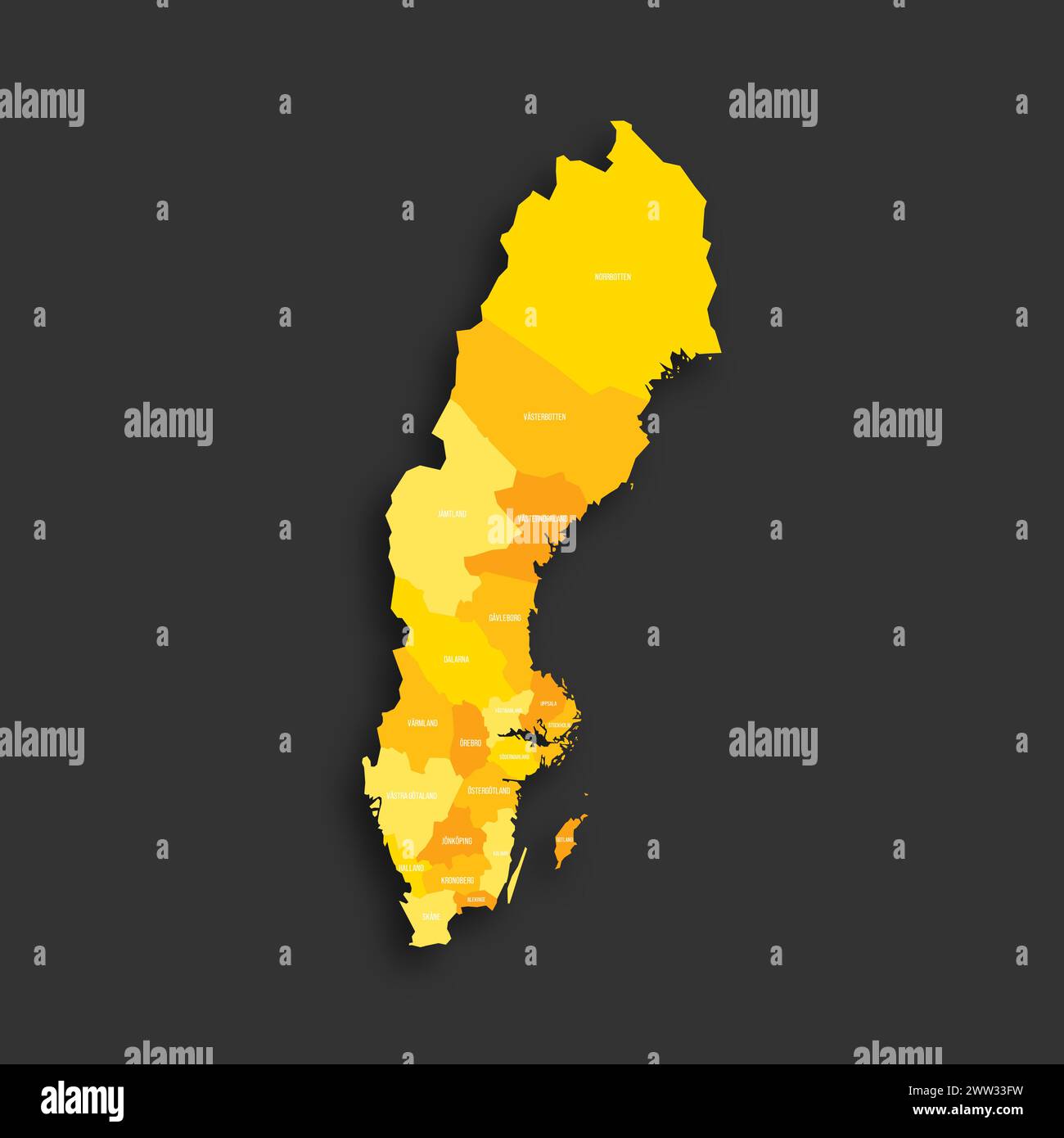 Sweden political map of administrative divisions - counties. Yellow ...