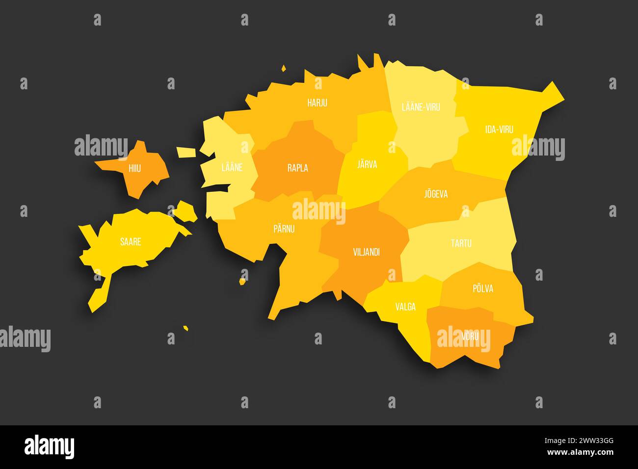 Estonia political map of administrative divisions - counties. Yellow ...