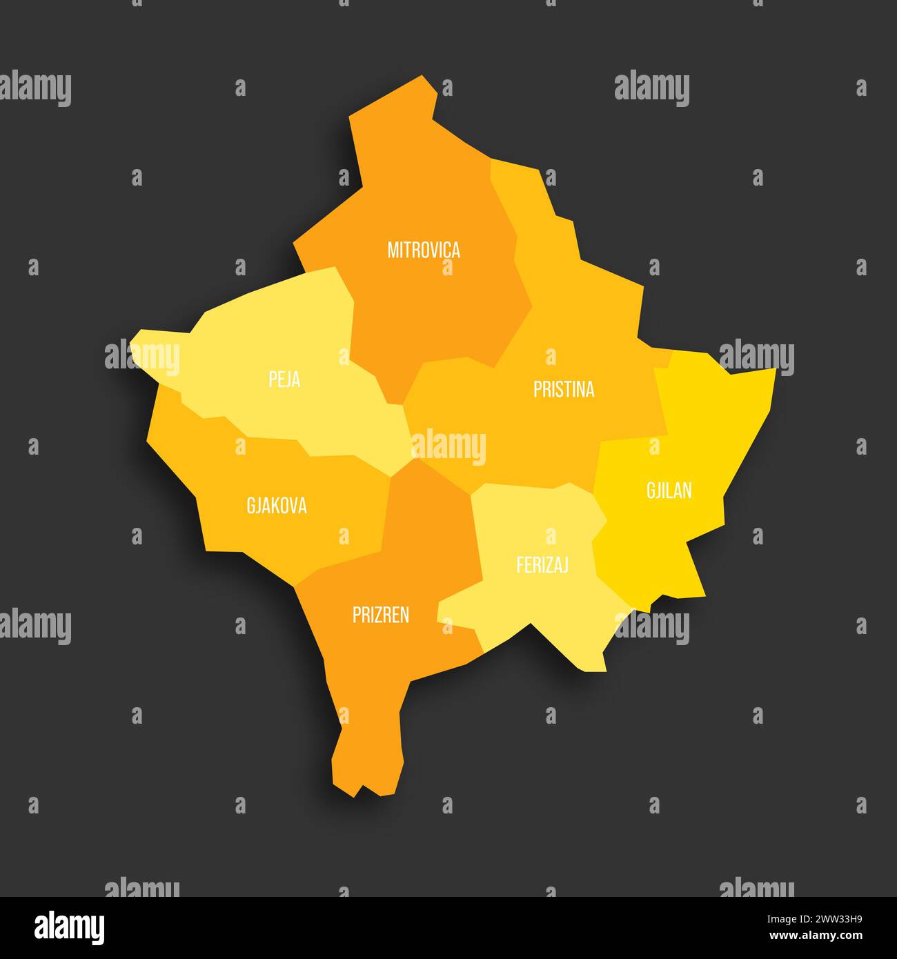 Kosovo political map of administrative divisions - districts. Yellow ...
