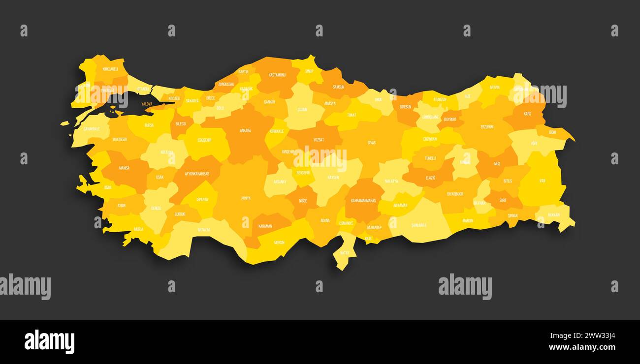 Turkey political map of administrative divisions - provinces. Yellow ...