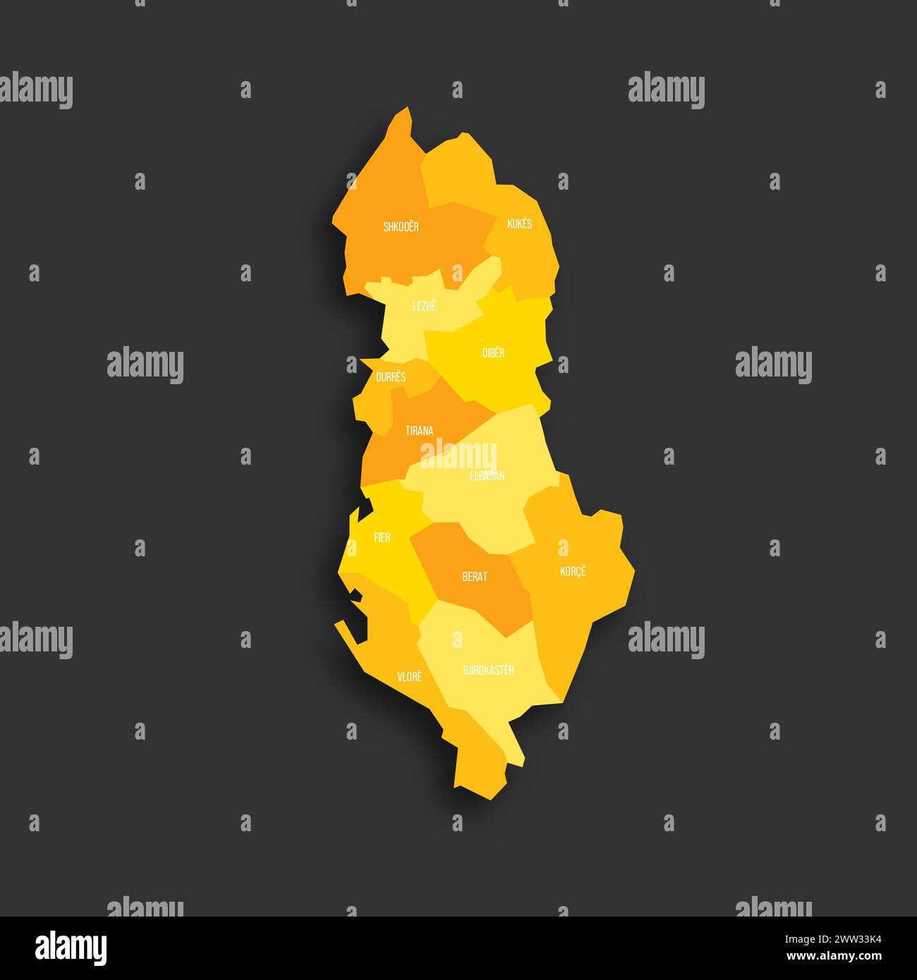 Albania political map of administrative divisions - counties. Yellow ...