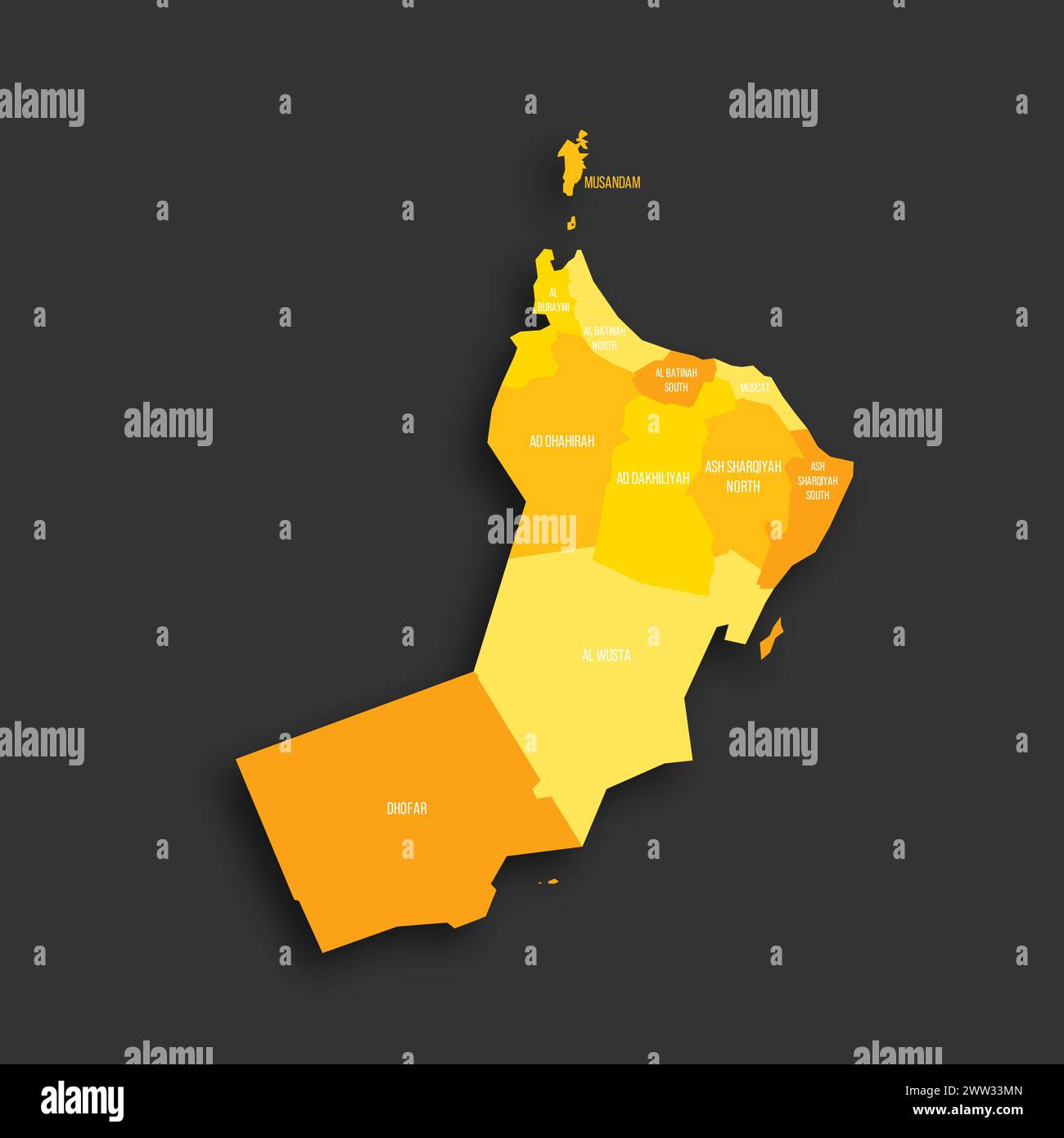 Oman political map of administrative divisions - governorates. Yellow ...