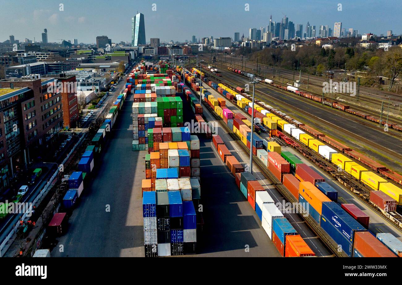 Containers are stored in a cargo terminal in Frankfurt, Germany ...