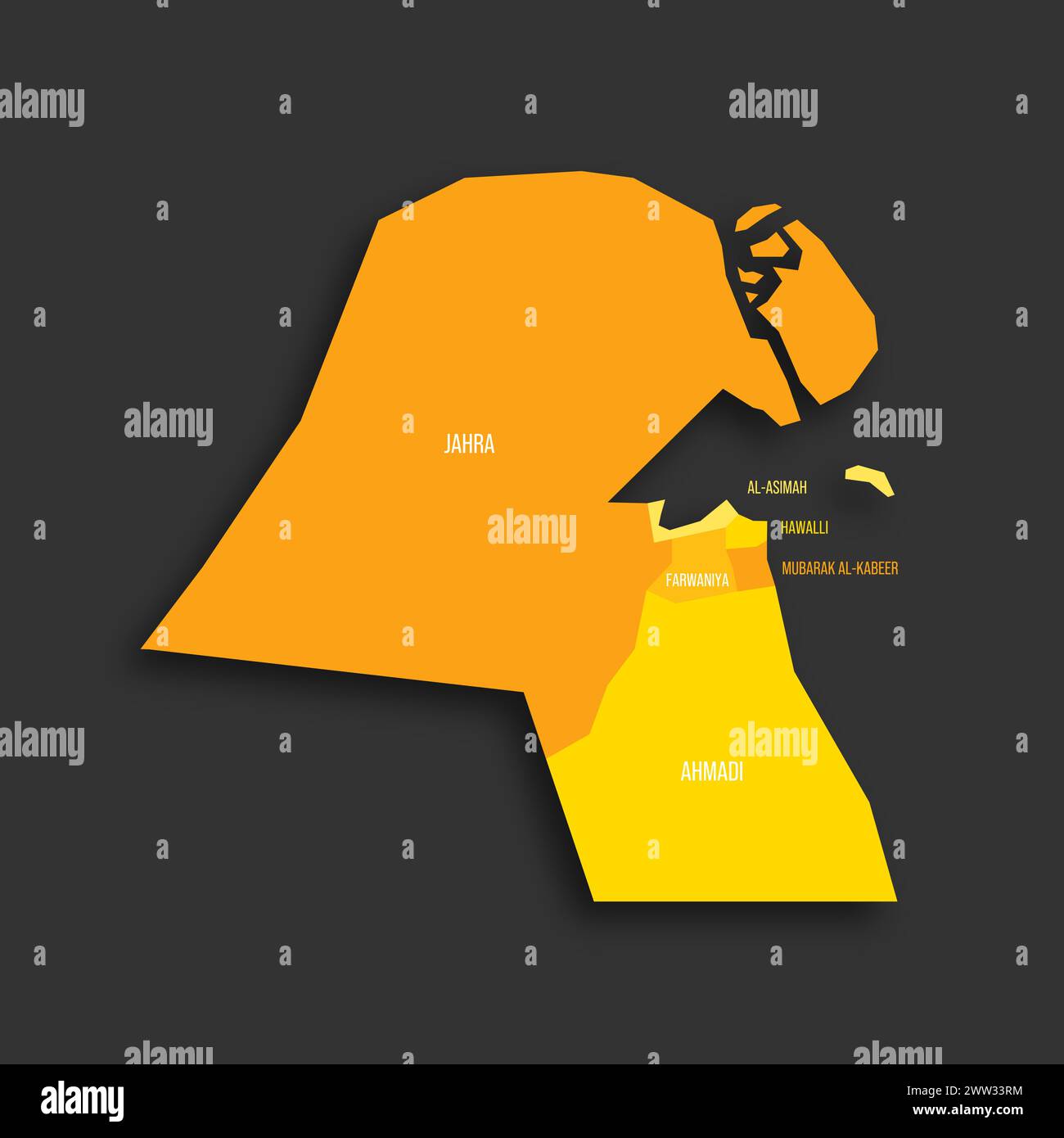 Kuwait political map of administrative divisions - governorates. Yellow ...