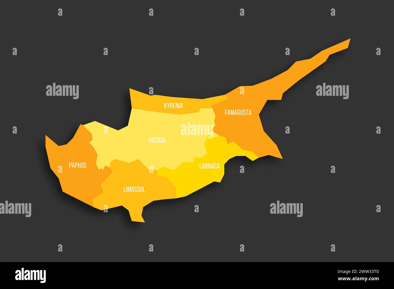 Cyprus political map of administrative divisions - districts. Yellow ...