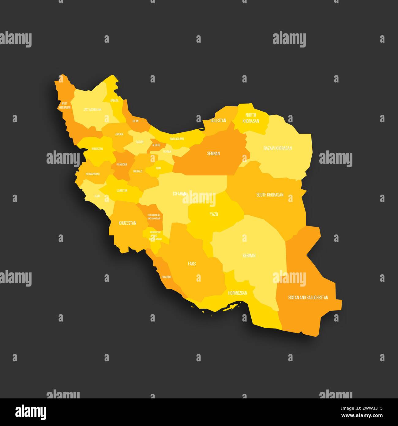 Iran political map of administrative divisions - provinces. Yellow shade flat vector map with ...