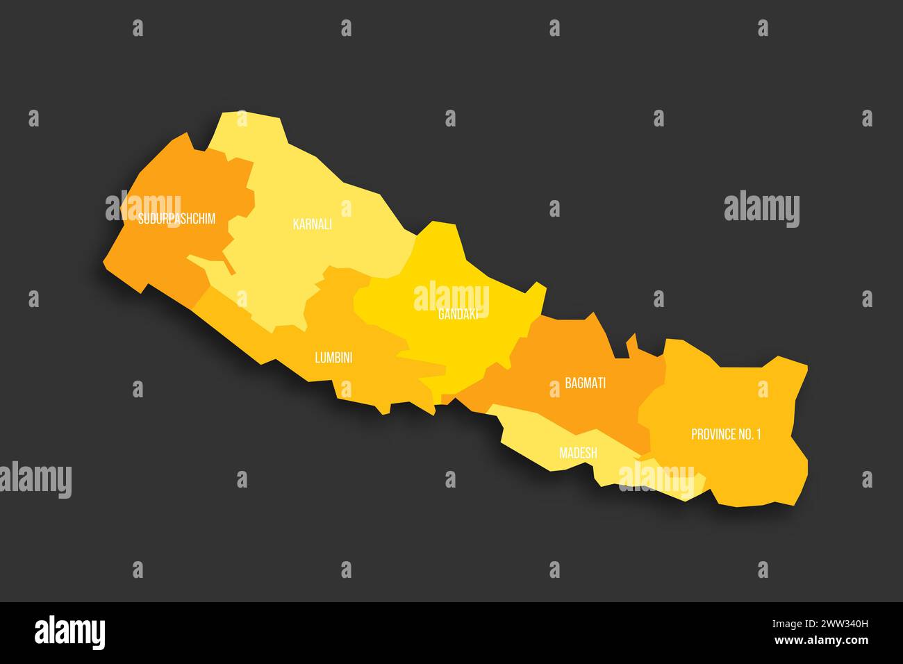 Nepal political map of administrative divisions - provinces. Yellow ...