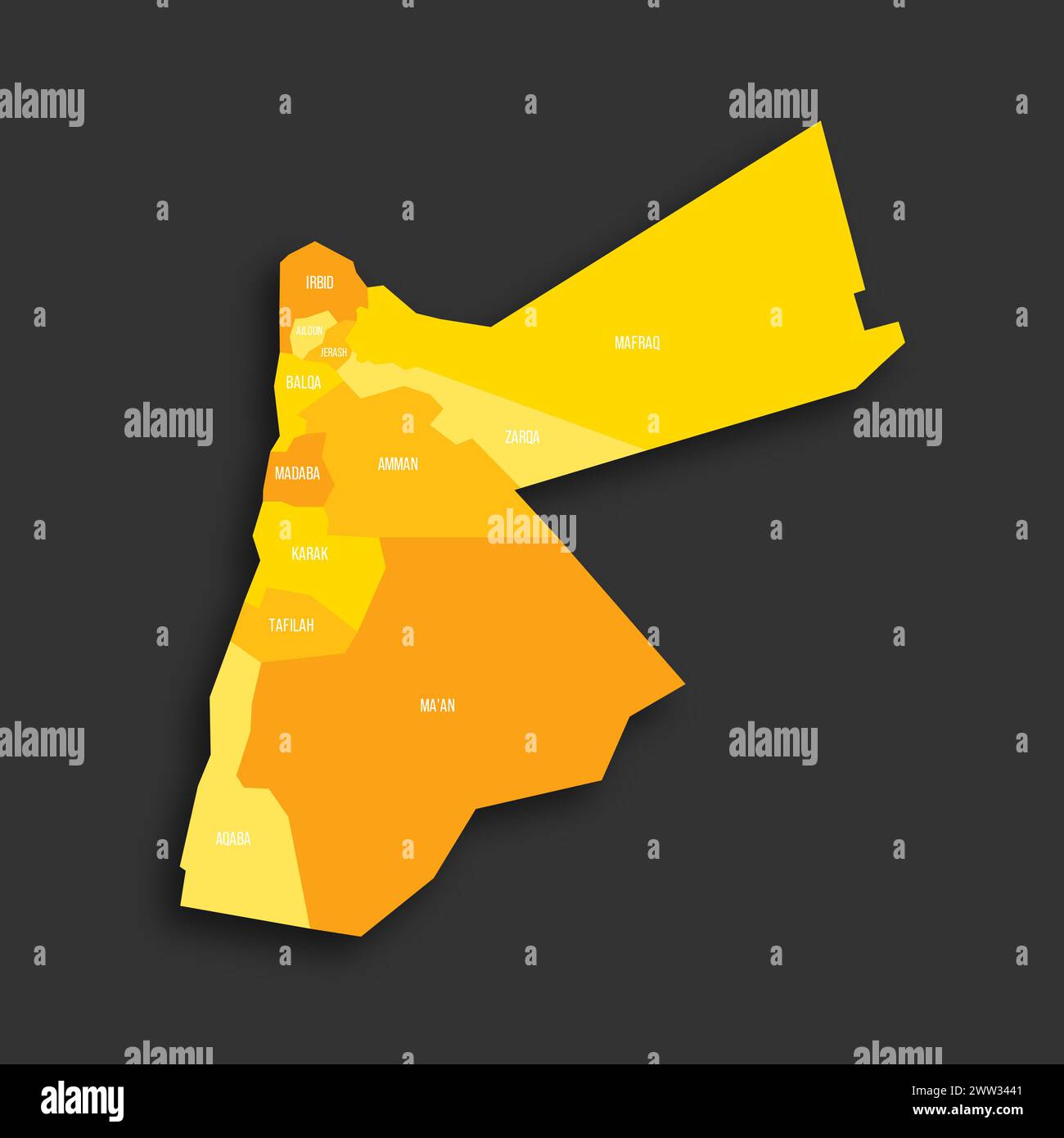 Jordan political map of administrative divisions - governorates. Yellow ...