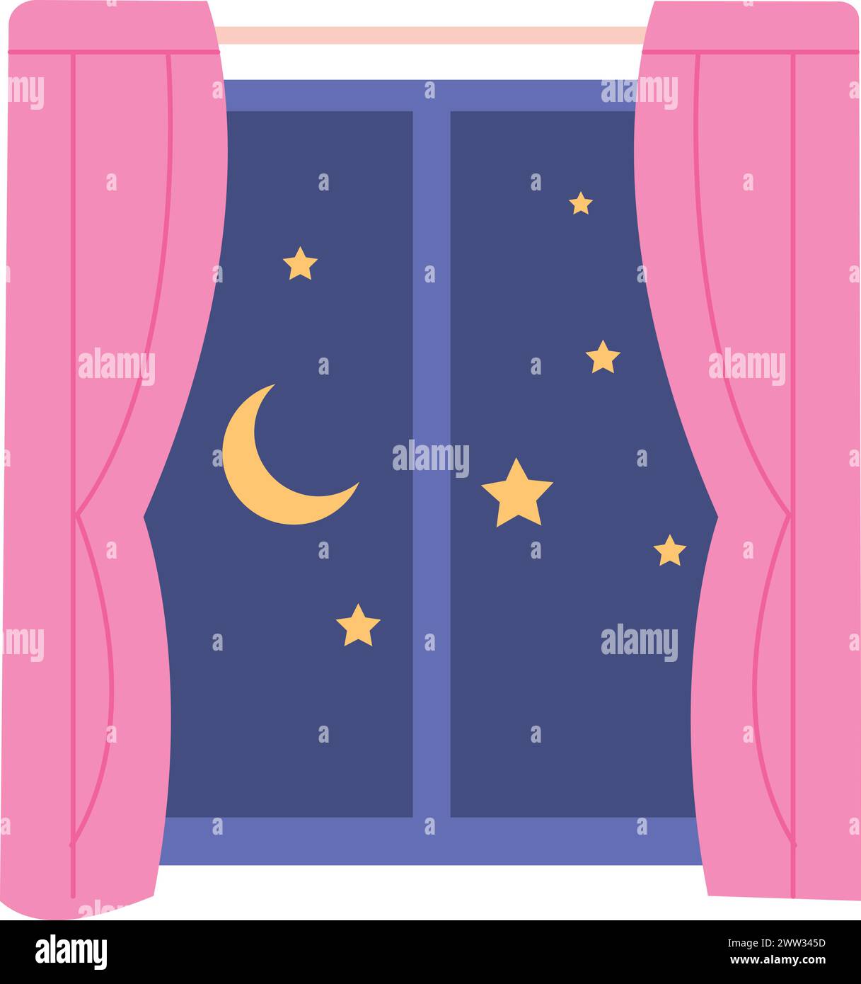 Night sky with moon and stars in window inside view. Vector ...