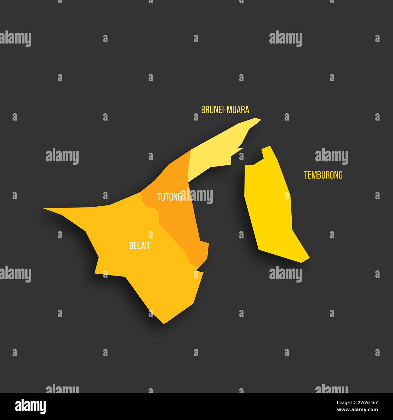 Brunei political map of administrative divisions - districts. Yellow ...