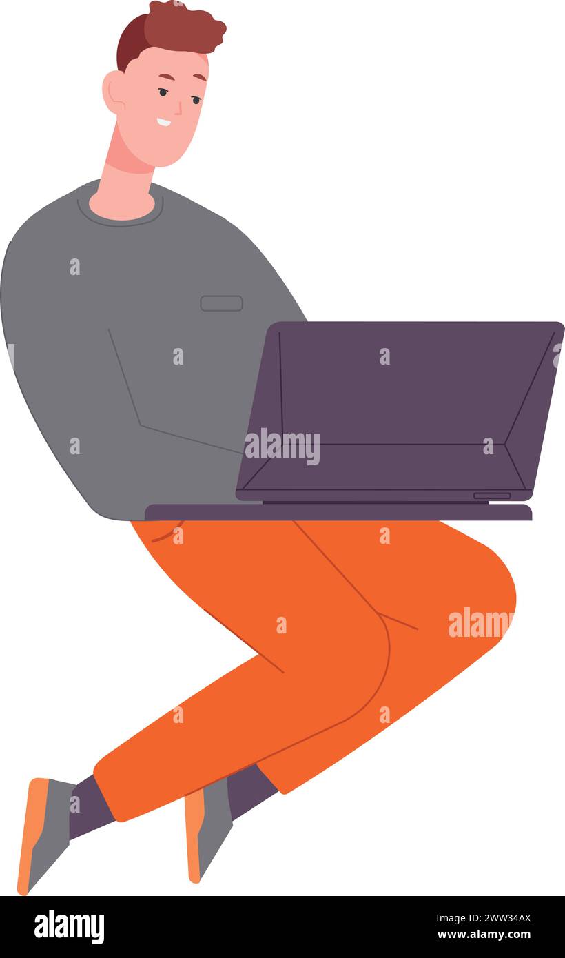 Man working on laptop. Smiling person on remote workplace isolated on ...