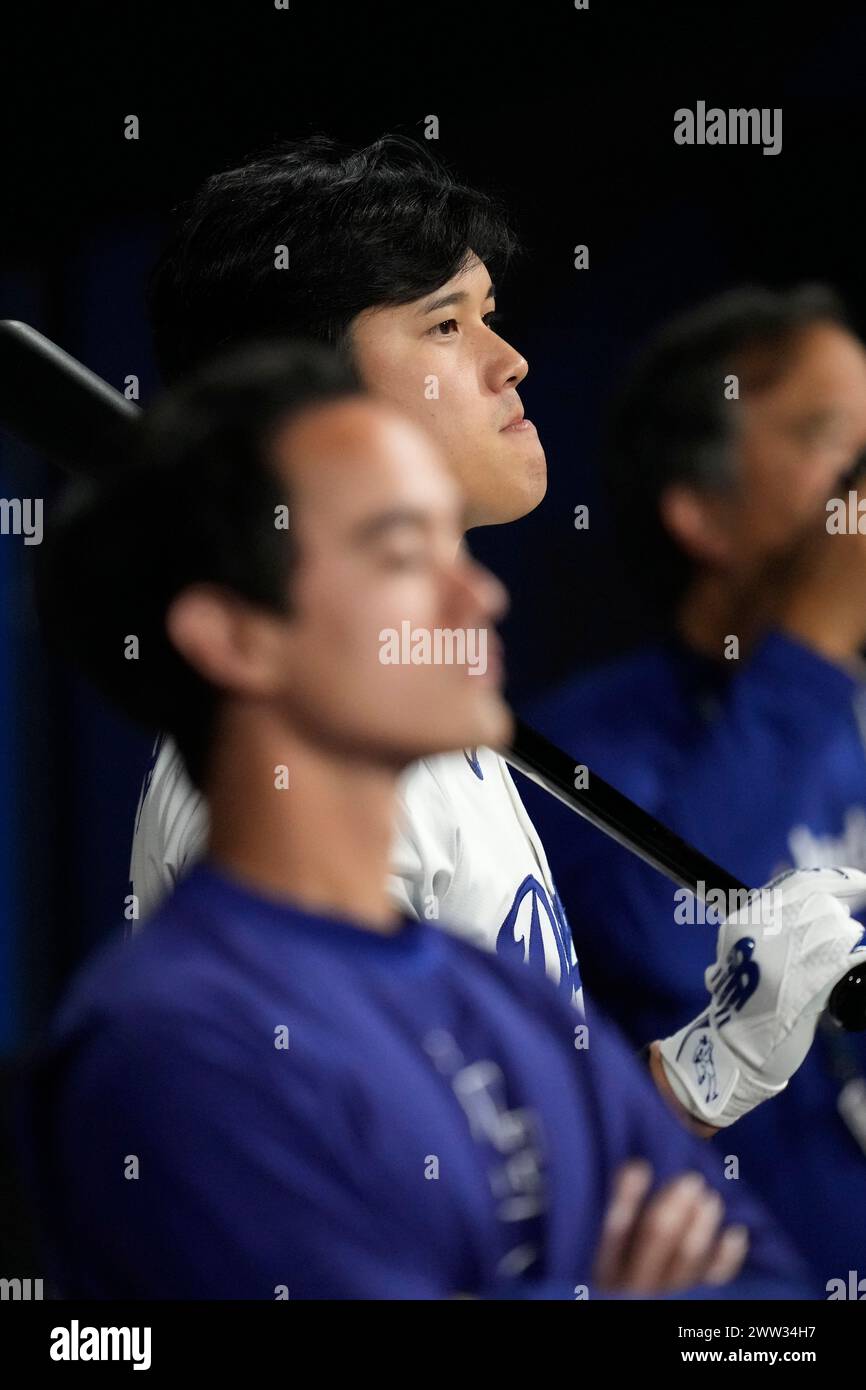 Los Angeles Dodgers designated hitter Shohei Ohtani, top, stands in the ...