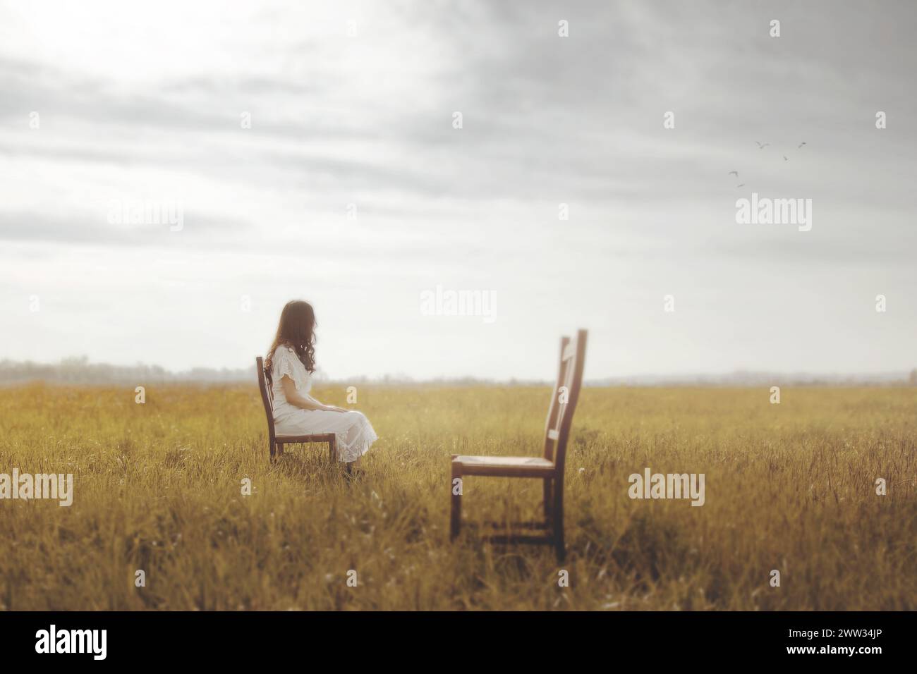 sad sitting woman turns away from lover's empty chair, future concept ...