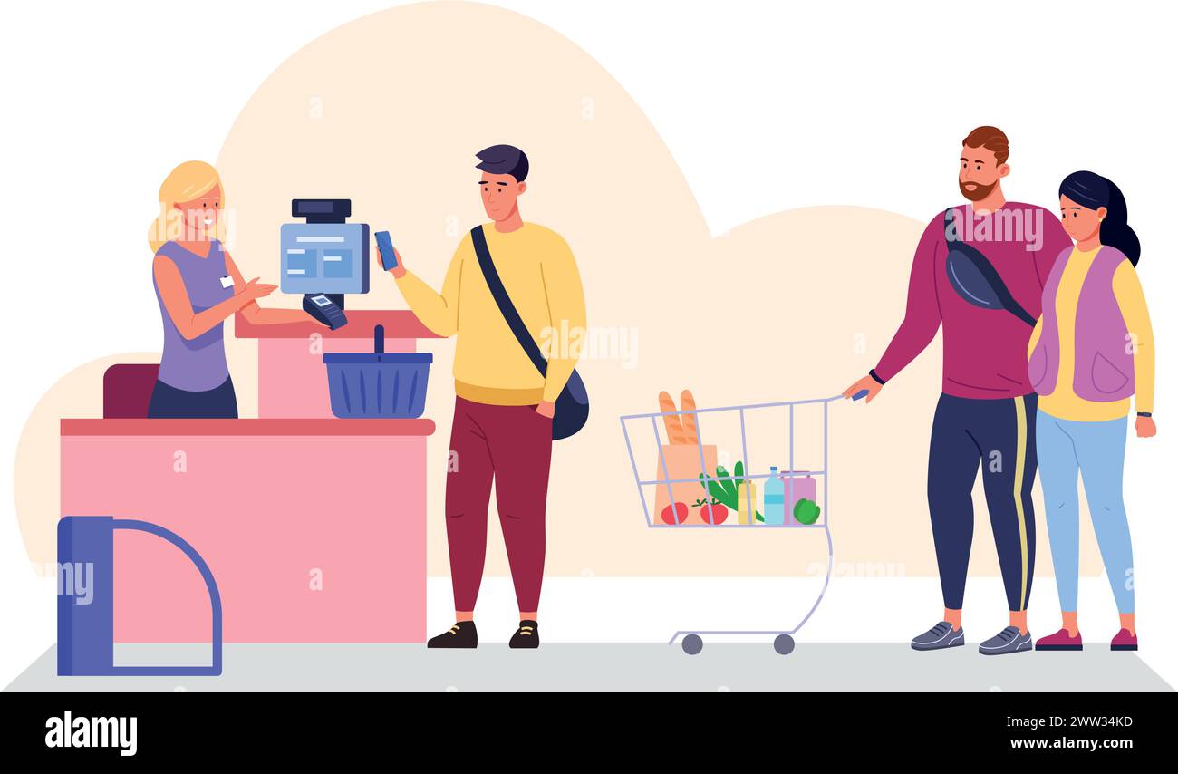 Supermarket counter. People standing in line with grocery purchases ...