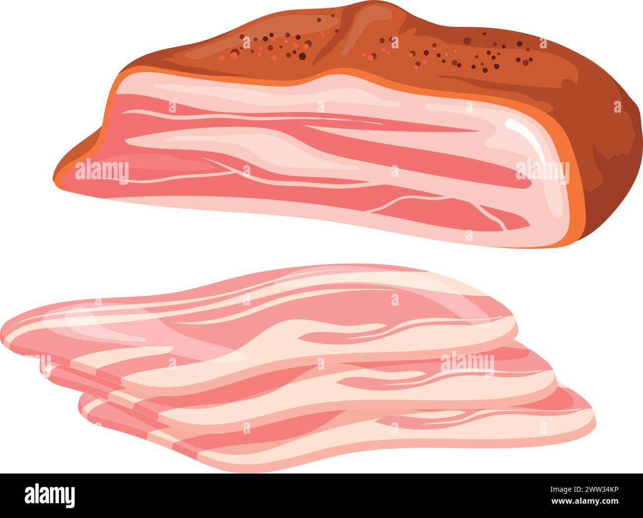 Uncooked bacon. Sliced pork fat cartoon meat isolated on white ...