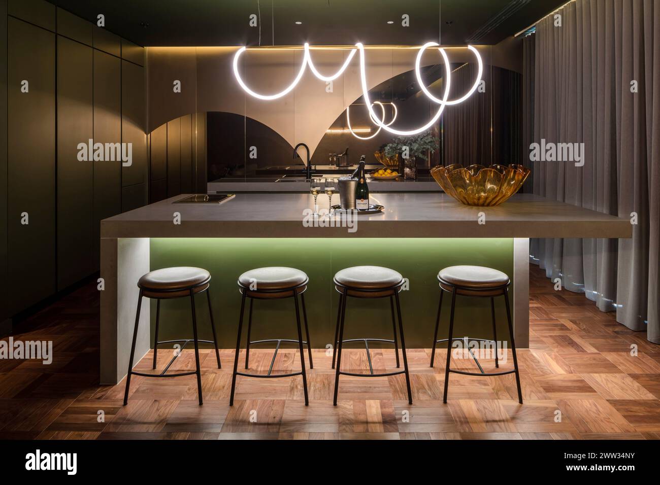 Communal kitchen bar, with sculptural lighting. Author, London, United ...