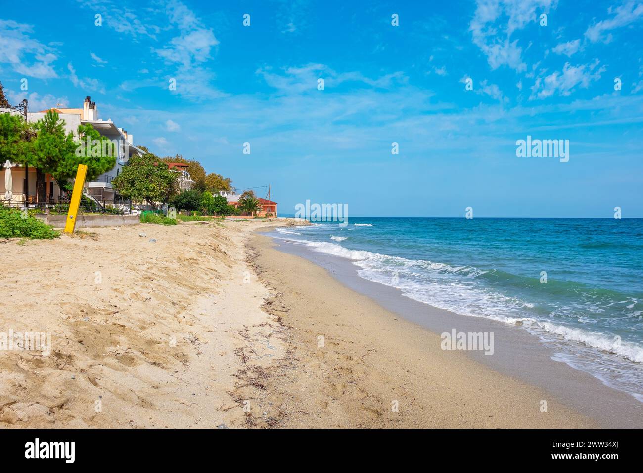 Sandy beach in coastal town of Platamonas. Pieria, Greece Stock Photo ...