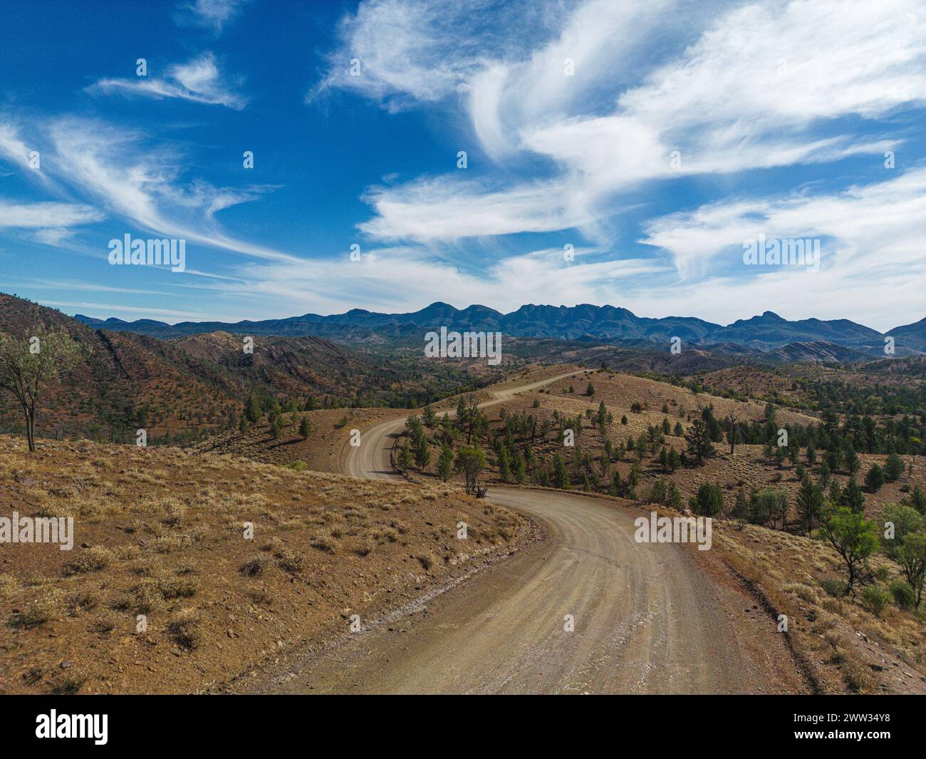A dusty trail carves through the arid outback, flanked by sparse ...