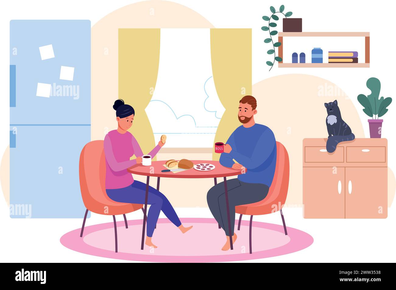 Couple eat breakfast together in cozy room interior. Vector ...