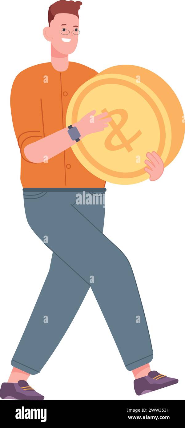 Guy carry big golden coin. Paying money isolated on white background ...