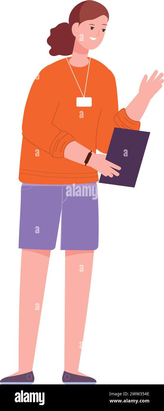 Young woman with name tag and document. Store consultant isolated on ...