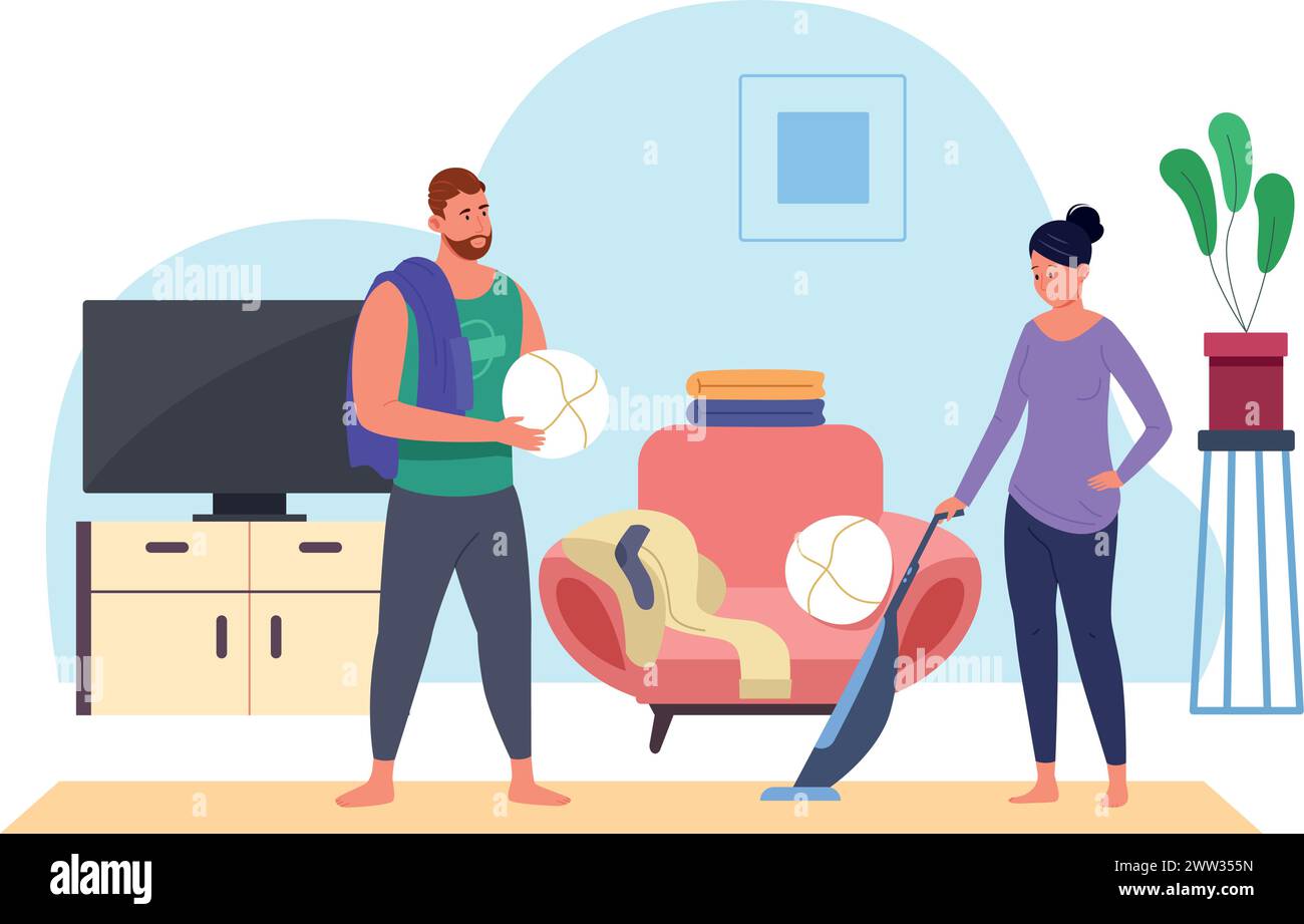 Couple cleaning house together. Housekeeping man and woman isolated on ...