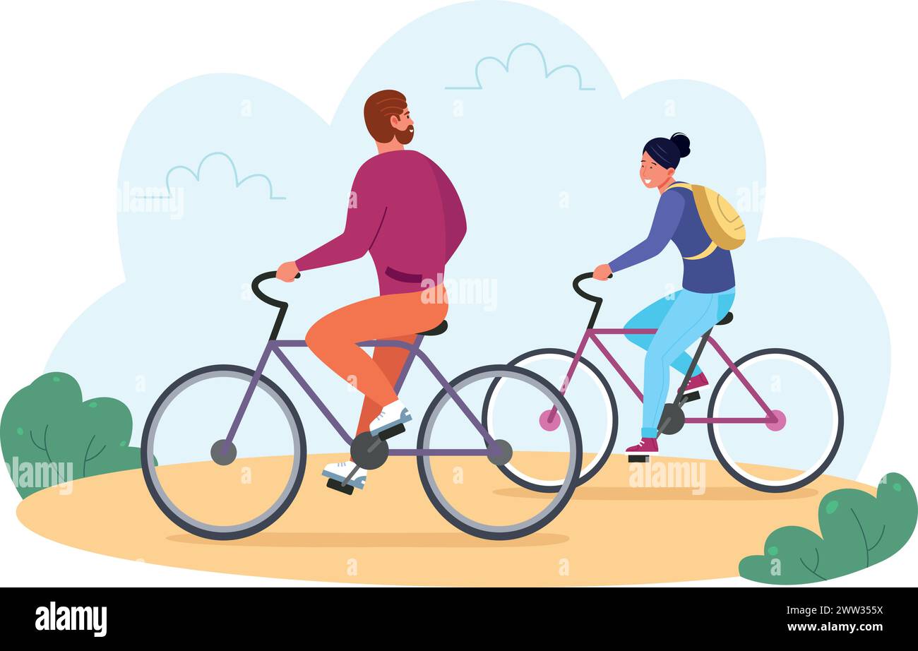 Man and woman riding on bicycles. Happy people outdoor. Vector ...